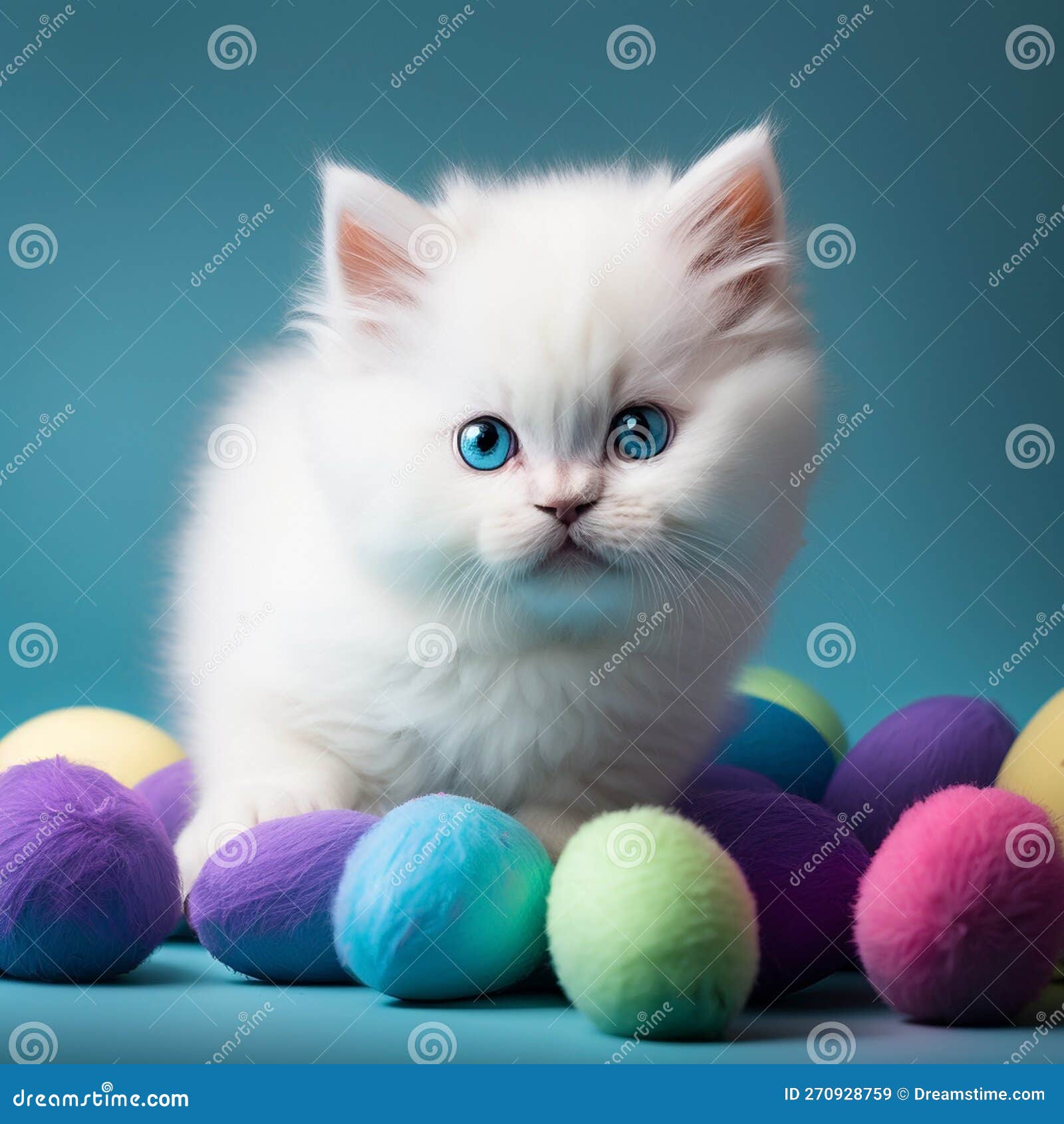 A White Fluffy Cat with Blue Eyes and Colorful Easter Eggs on a Blue ...