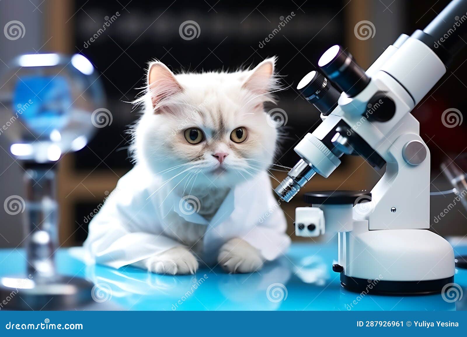 White Fluffy Cat Professor Posing in the Laboratory Near the Microscope ...