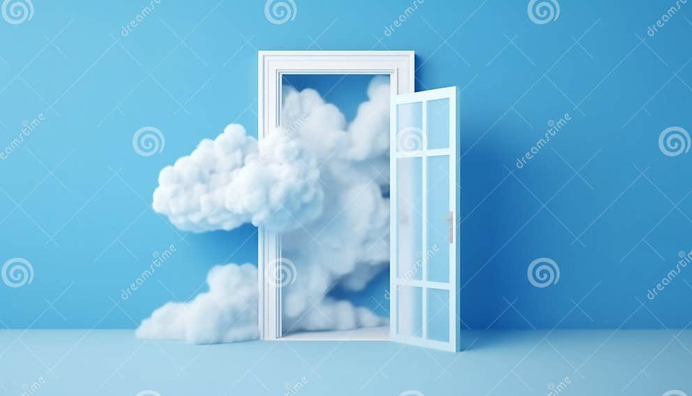 White Fluffy Clouds Going through Flying Out Open Door, Objects on Blue ...