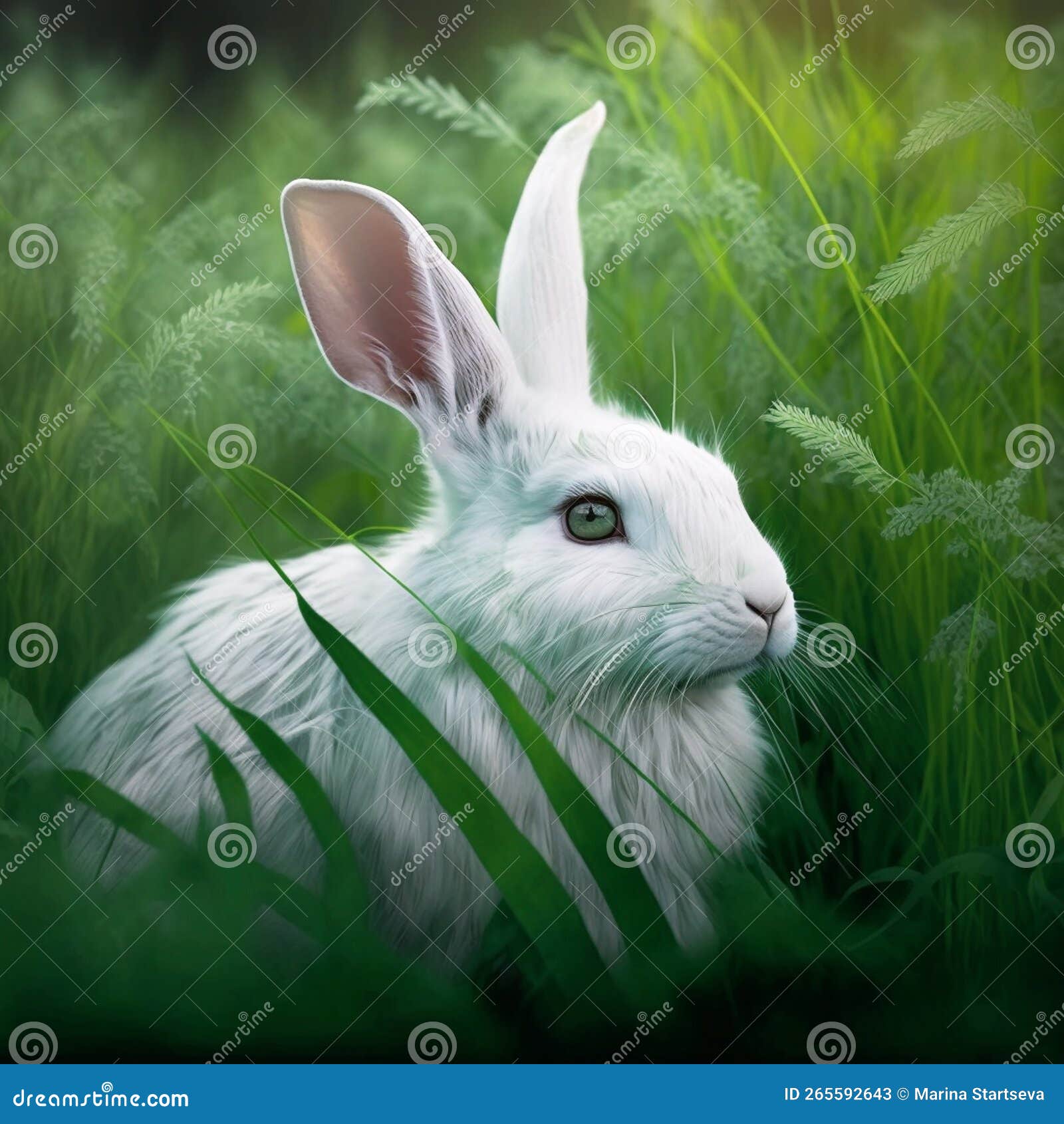 A White Fluffy Rabbit with Long Ears Sits in the Green Grass ...