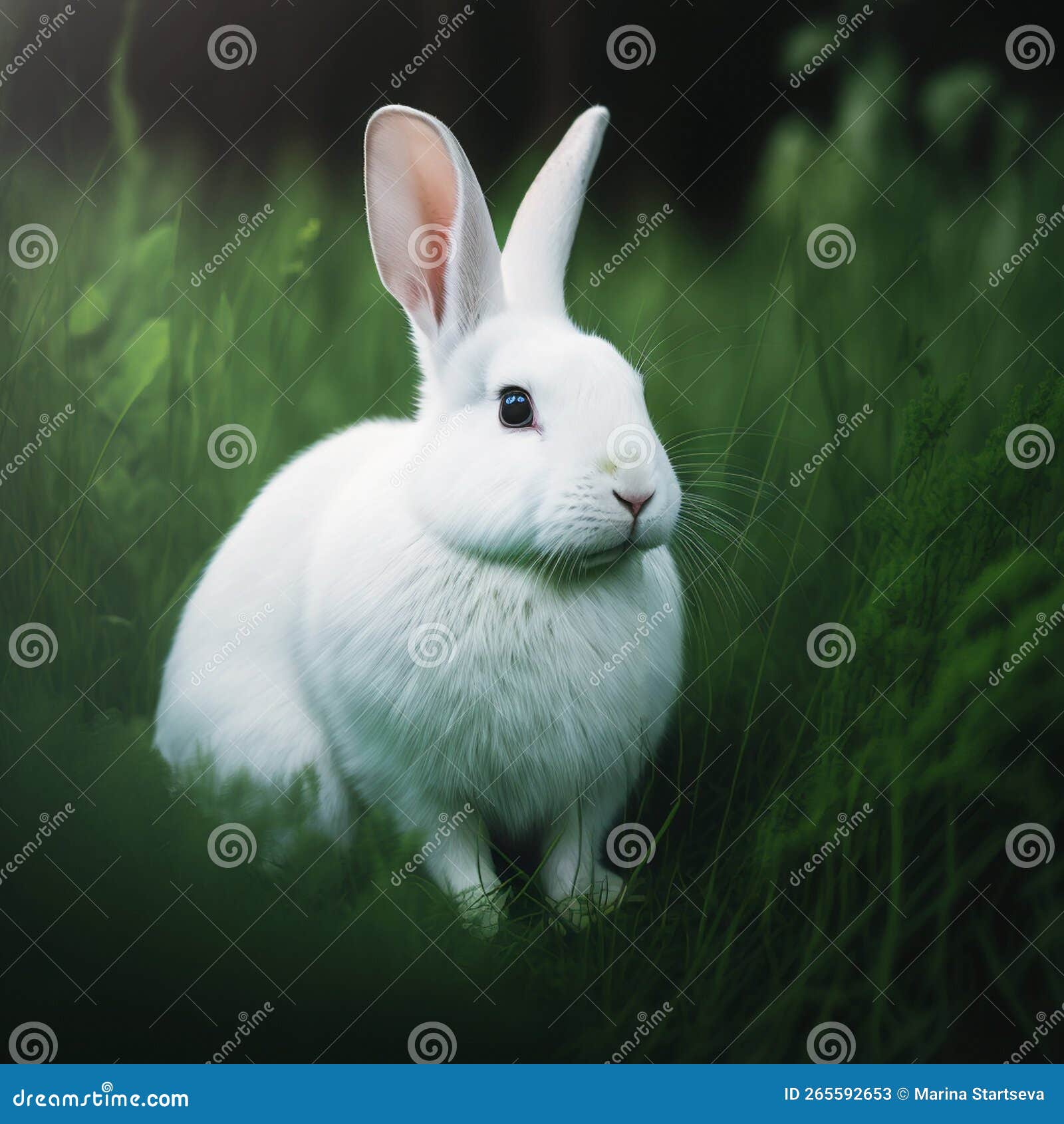 A White Fluffy Rabbit with Long Ears Sits in the Green Grass ...