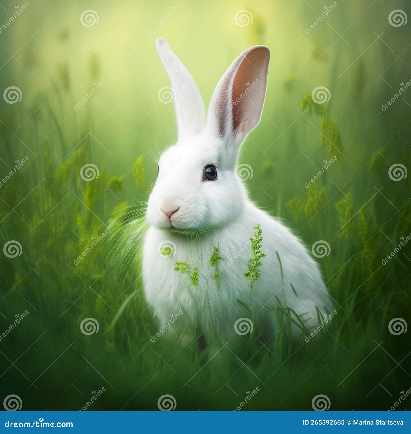 A White Fluffy Rabbit with Long Ears Sits in the Green Grass ...