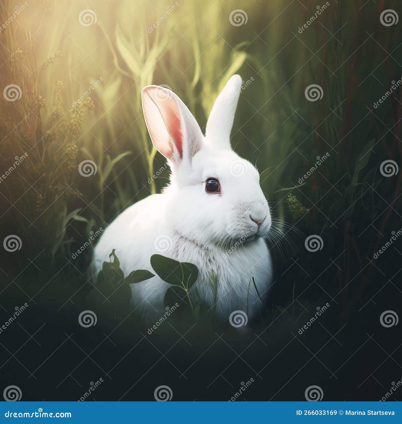 A White Fluffy Rabbit with Long Ears Sits in the Green Grass ...