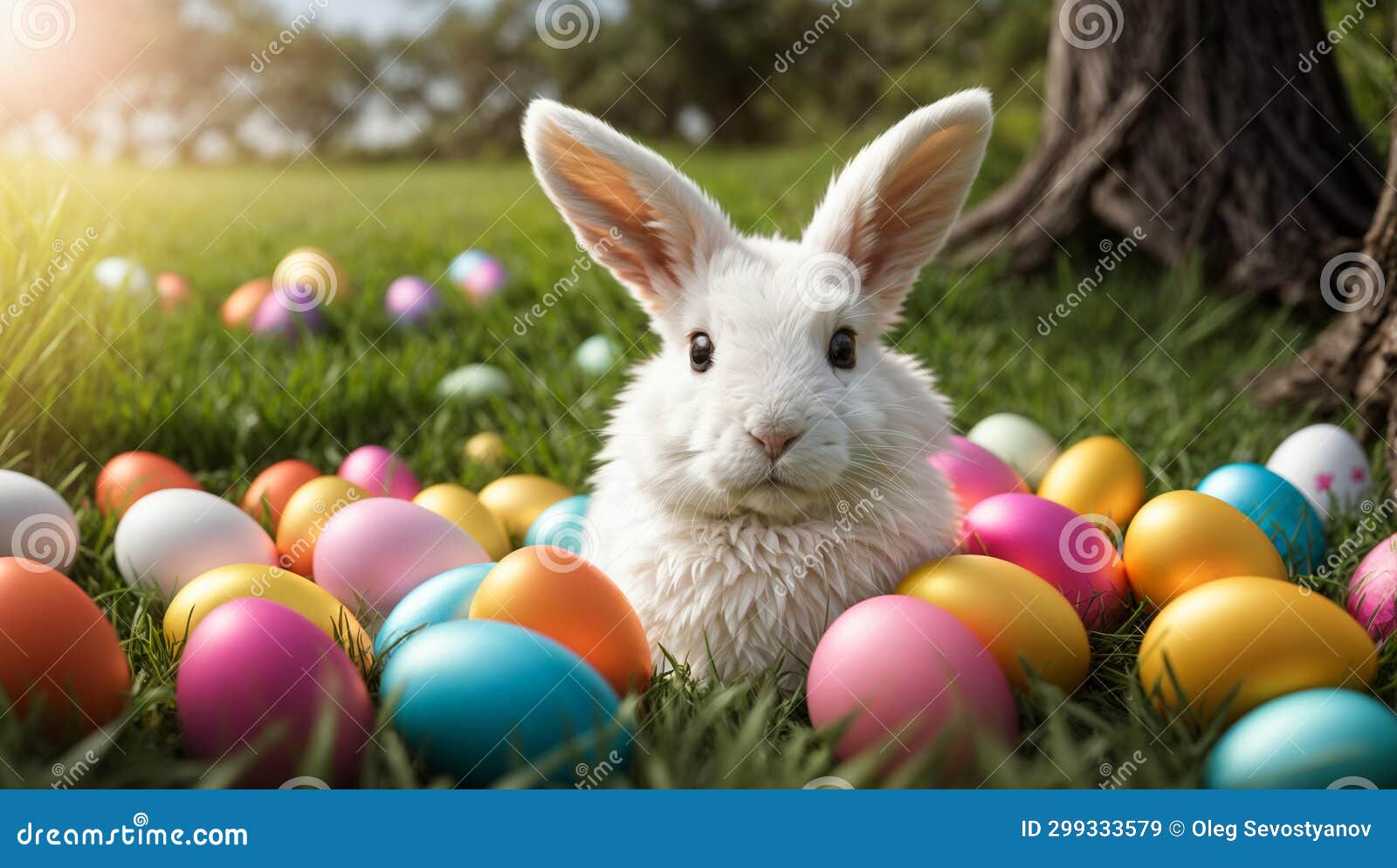 A White Fluffy Rabbit is Sitting in the Grass with Colorful Easter Eggs ...