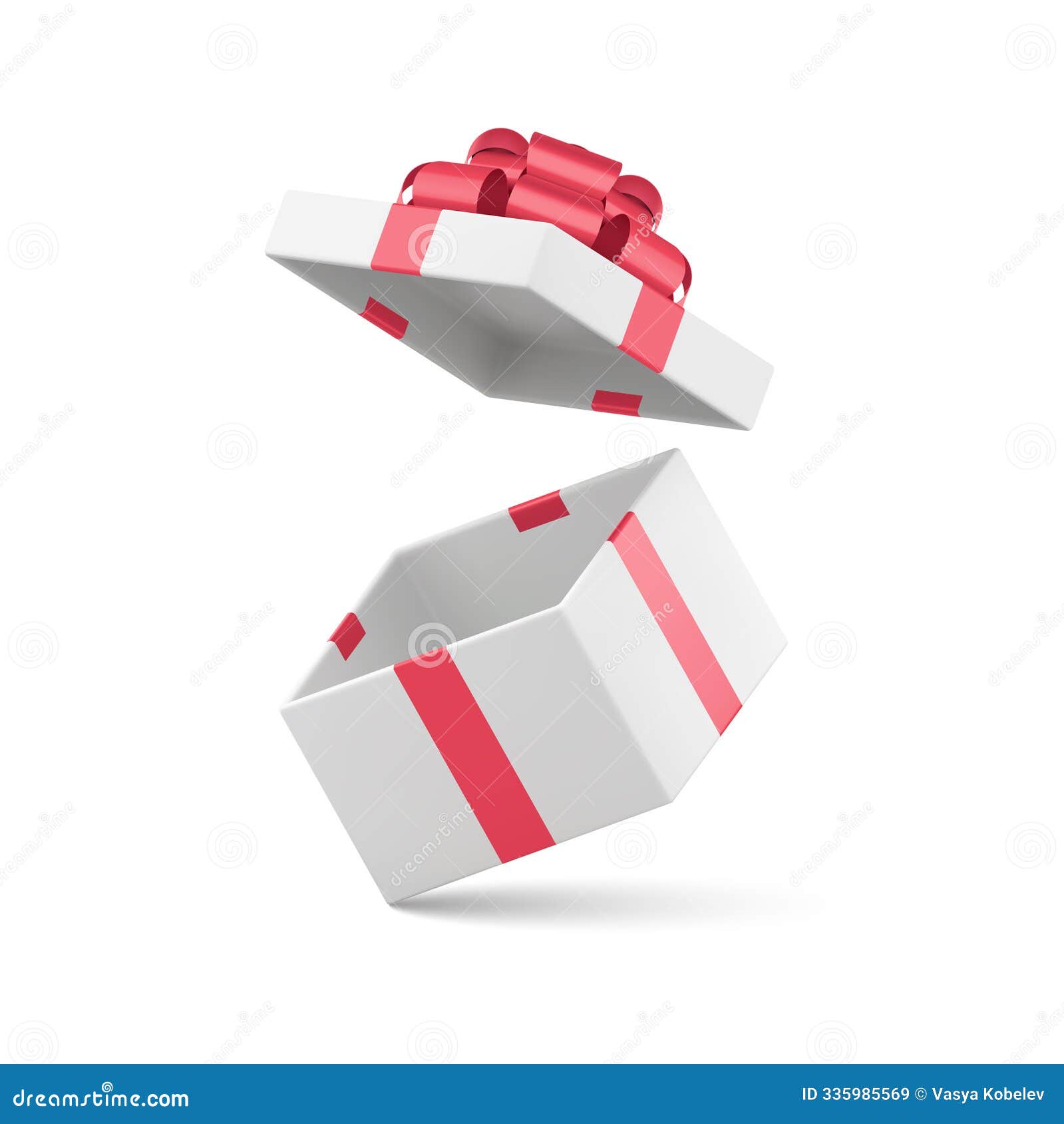 White Flying Wrapped Gift Box with Open Lid and Red Bow Ribbon Empty ...