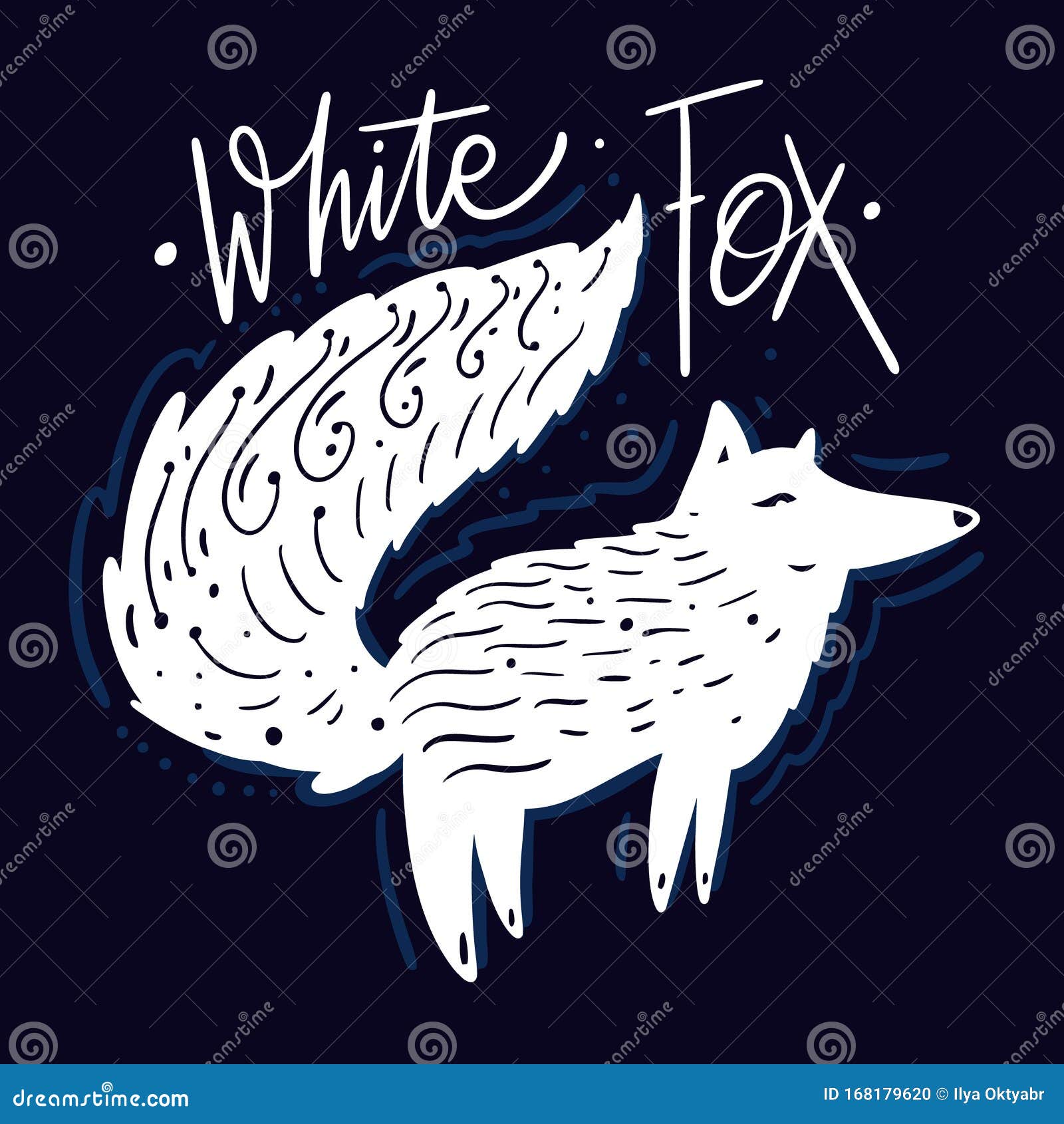 White Fox in Flat Style. Hand Drawn Vector Illustration. Black and ...