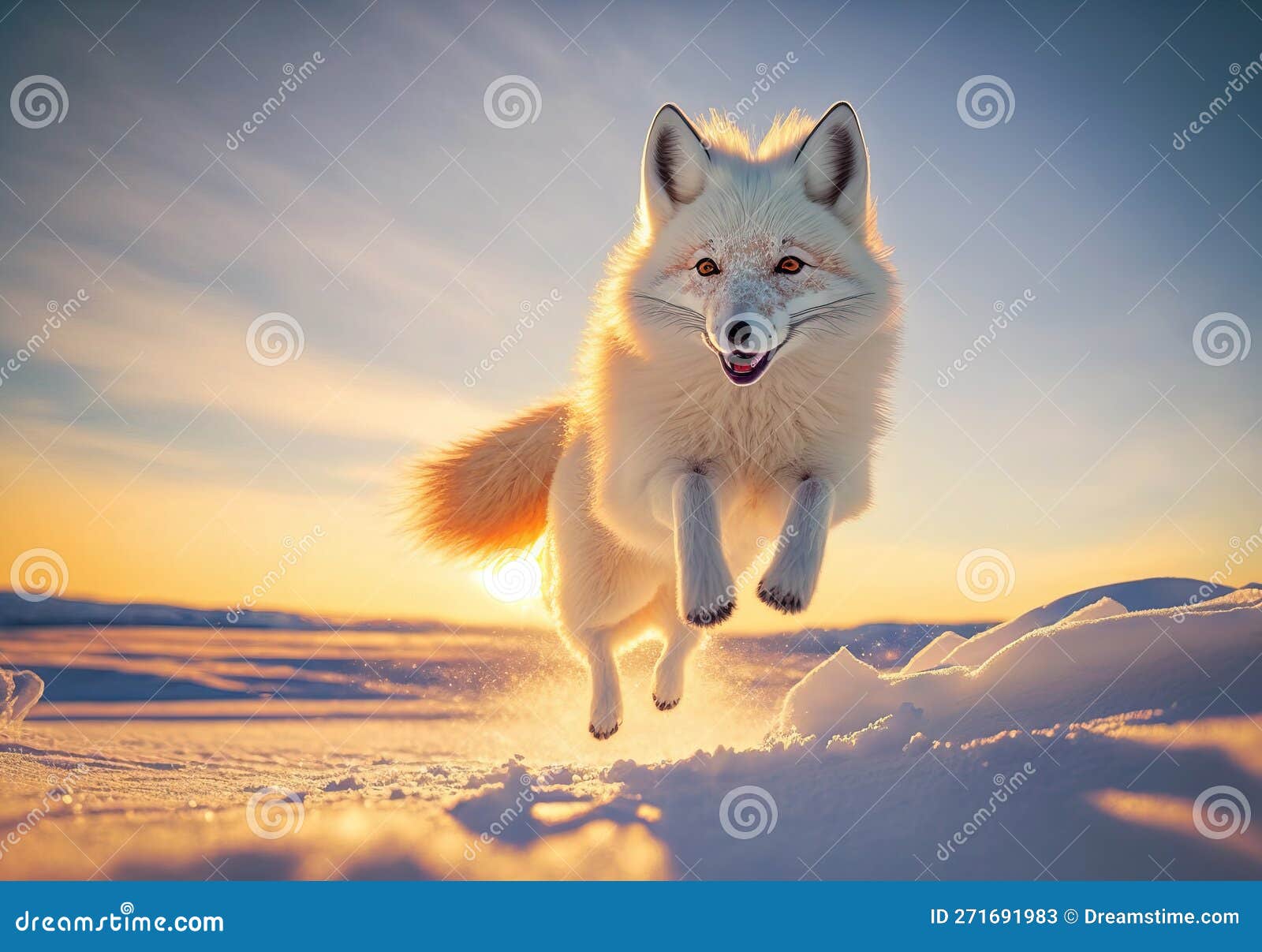 White Fox Jumps on the Snow.AI Generated Illustration Stock ...