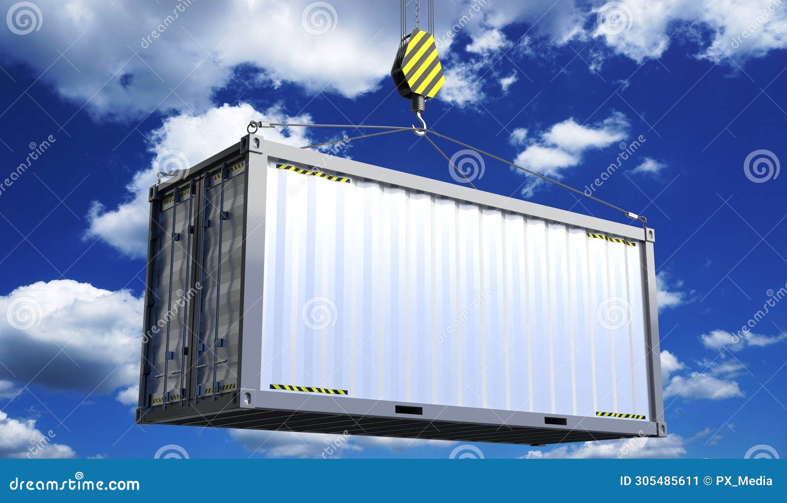 White Freight Shipping Container with Hanging on Crane Hook Stock ...