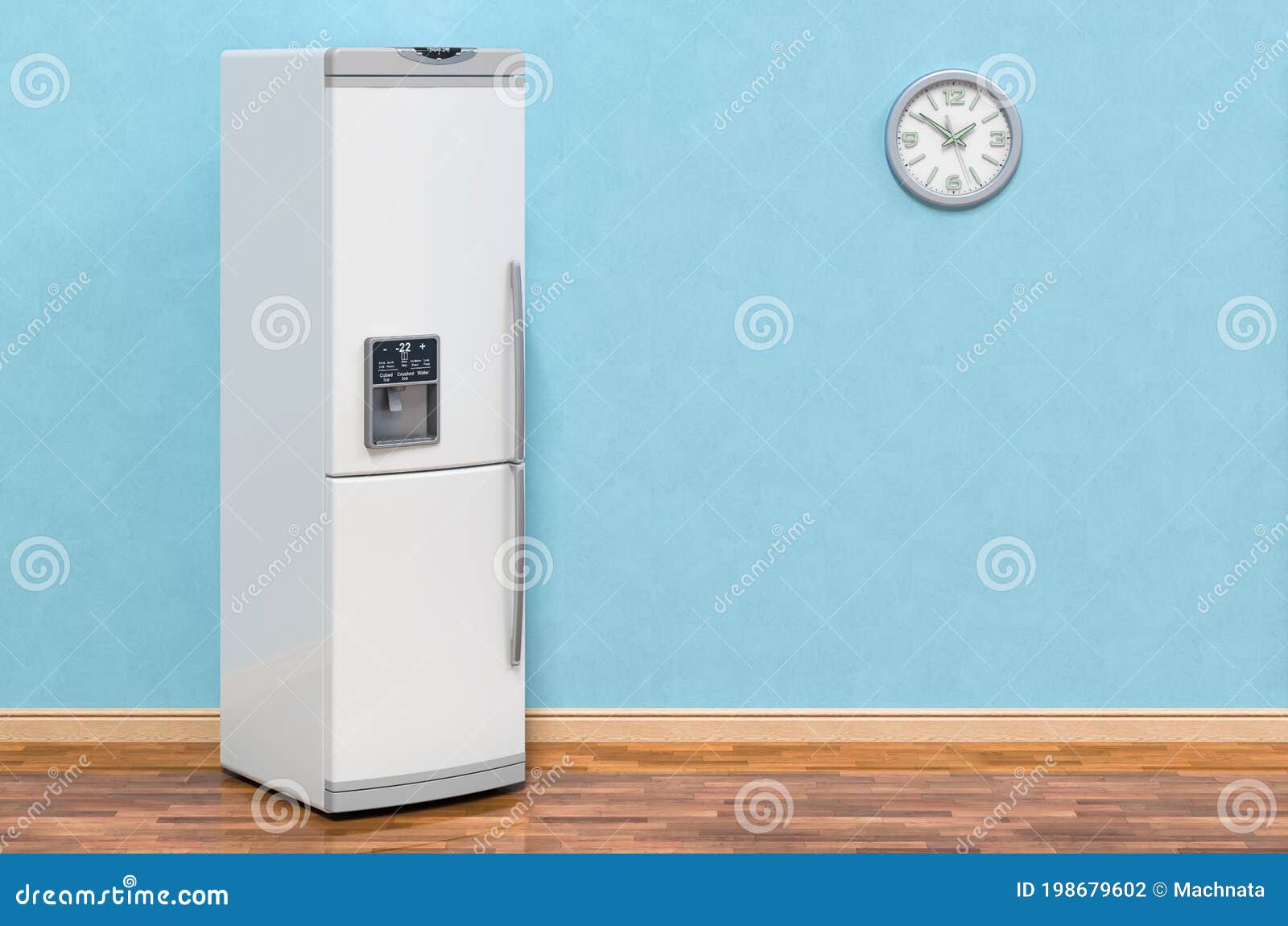 White Fridge in Room on the Wooden Floor, 3D Rendering Stock ...