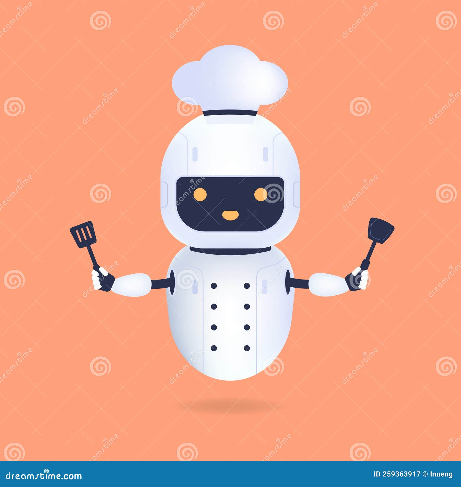 White Friendly Chef Robot With Turner And Wok Spatula. Cooking Robot ...