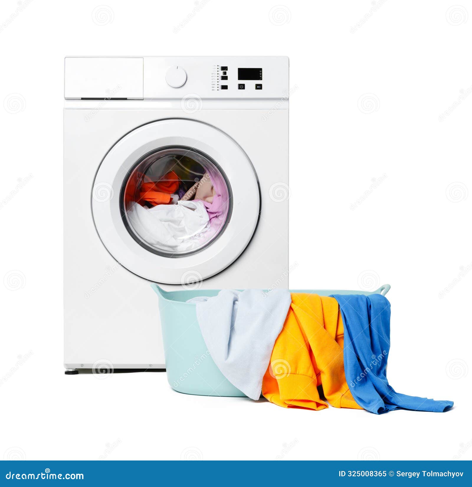 White Front Loading Washing Machine with Open Door and Laundry Stock ...