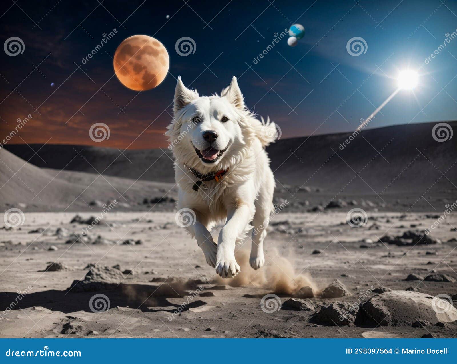 White Fur Dog Running and Playing on the Ground of an Imaginary Planet ...