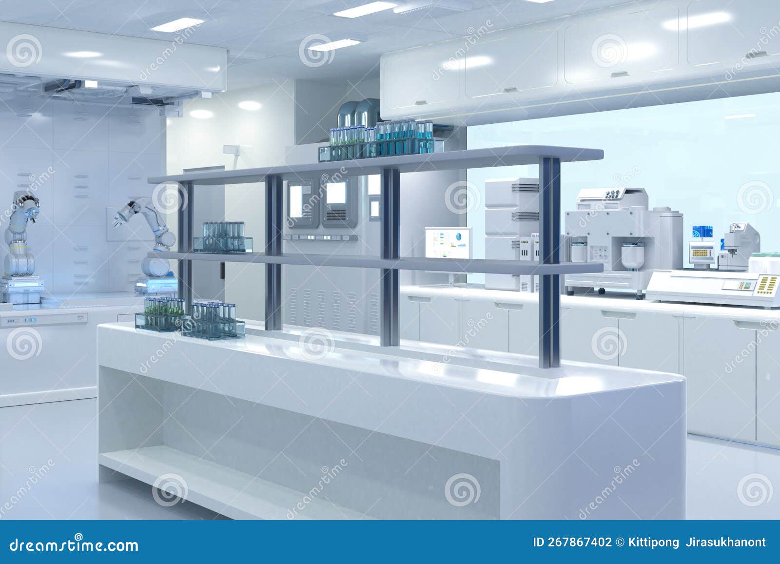 White Futuristic Digital Laboratory with Machine, Computer Screen and ...