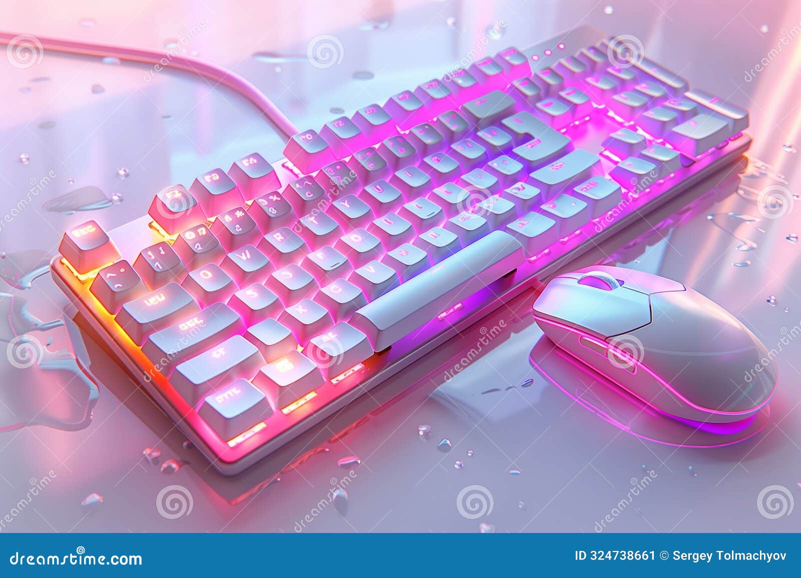 White Gaming Keyboard and Mouse with Pink Backlighting Stock Image ...