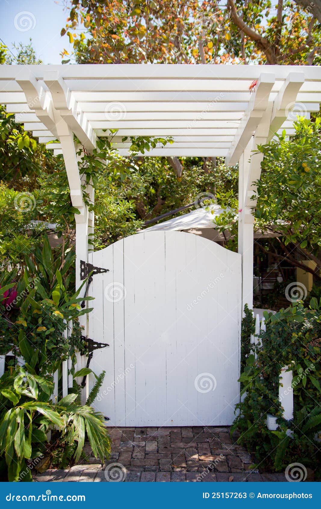 White gate and pergola stock image. Image of entrance - 25157263