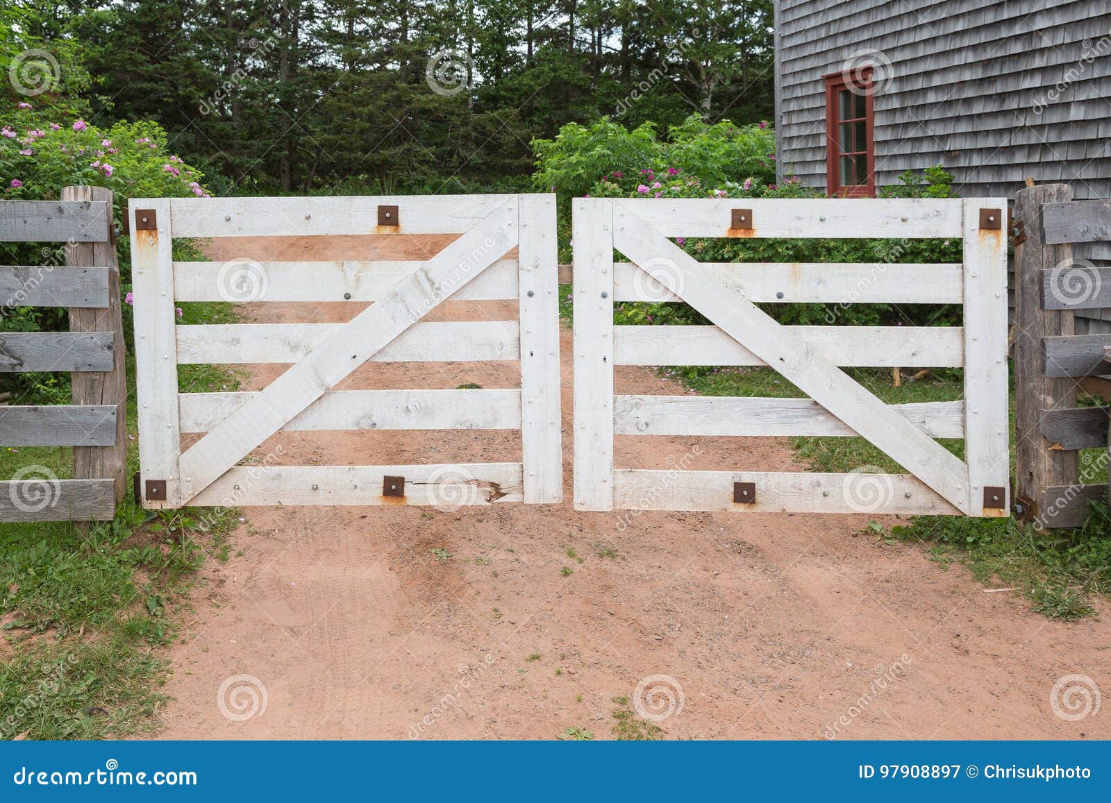 White Gates on a Farm in the Country Stock Image - Image of structure ...