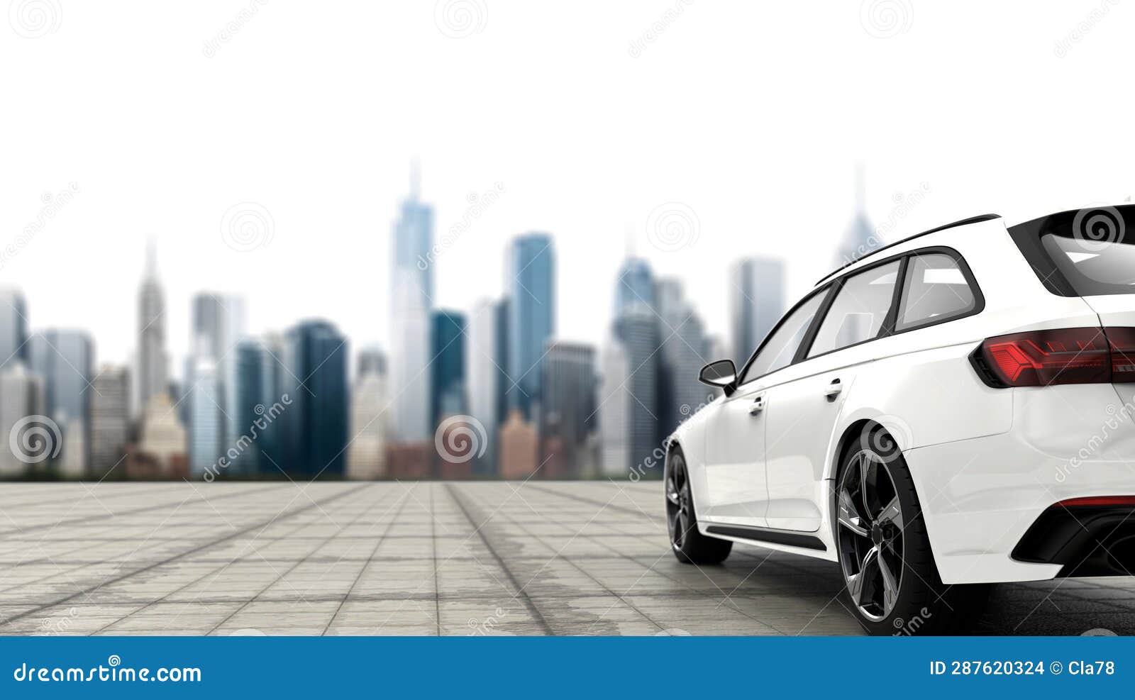 White Generic and Unbranded Car Parked in Front a Big City, 3D ...