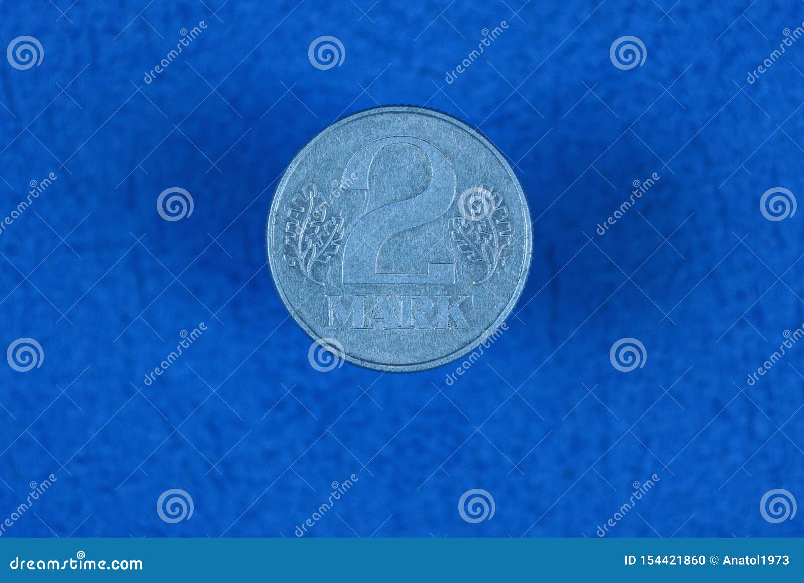 White German Coin Two Marks on Blue Background Stock Photo - Image of ...