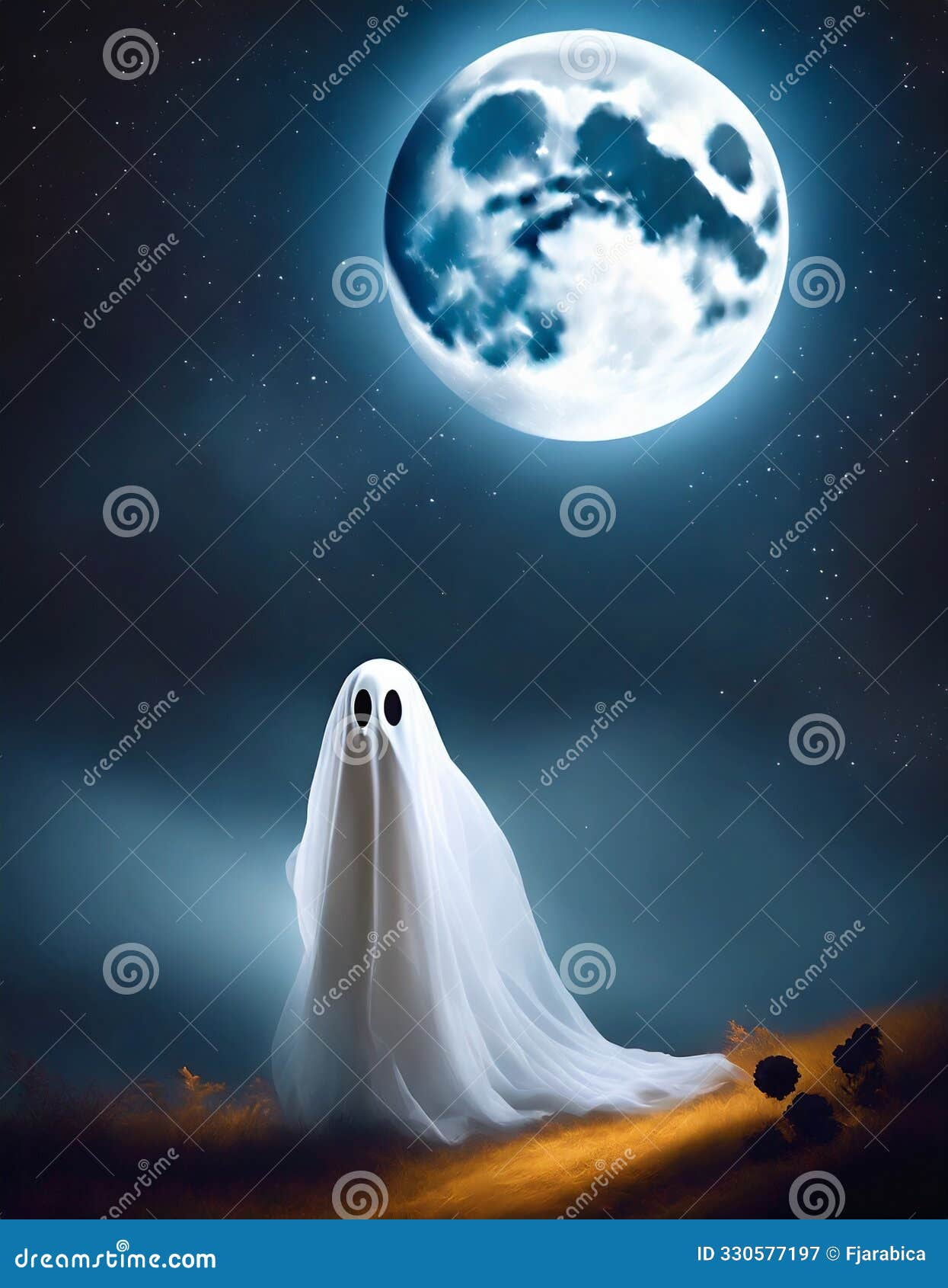 White ghost with full moon stock illustration. Illustration of poster ...