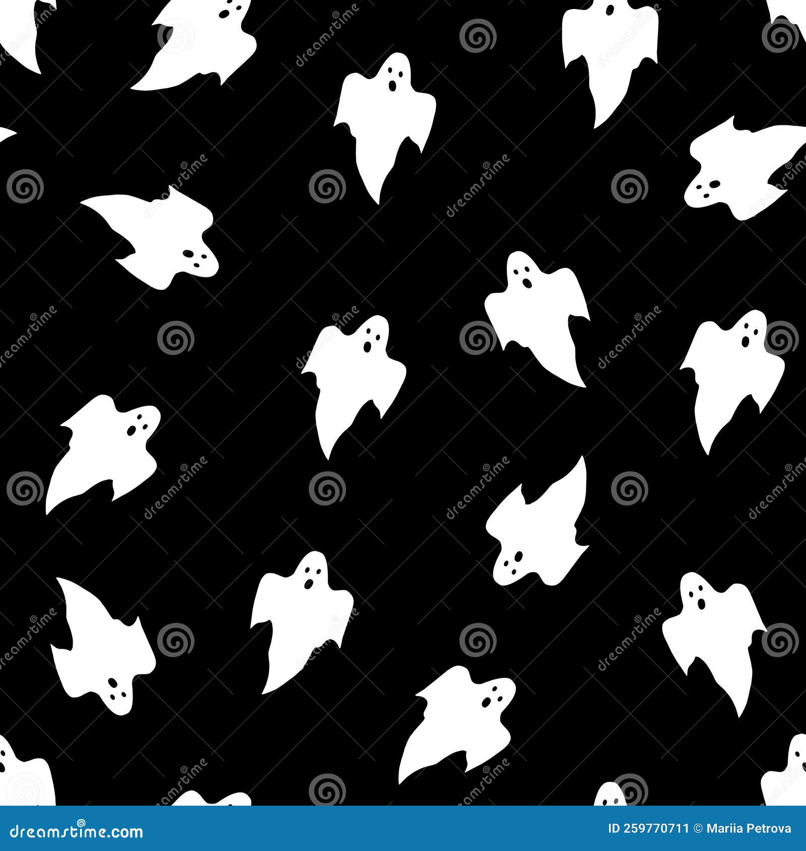 White Ghosts And Phantoms On Black Background Doodle Pattern. Funny ...
