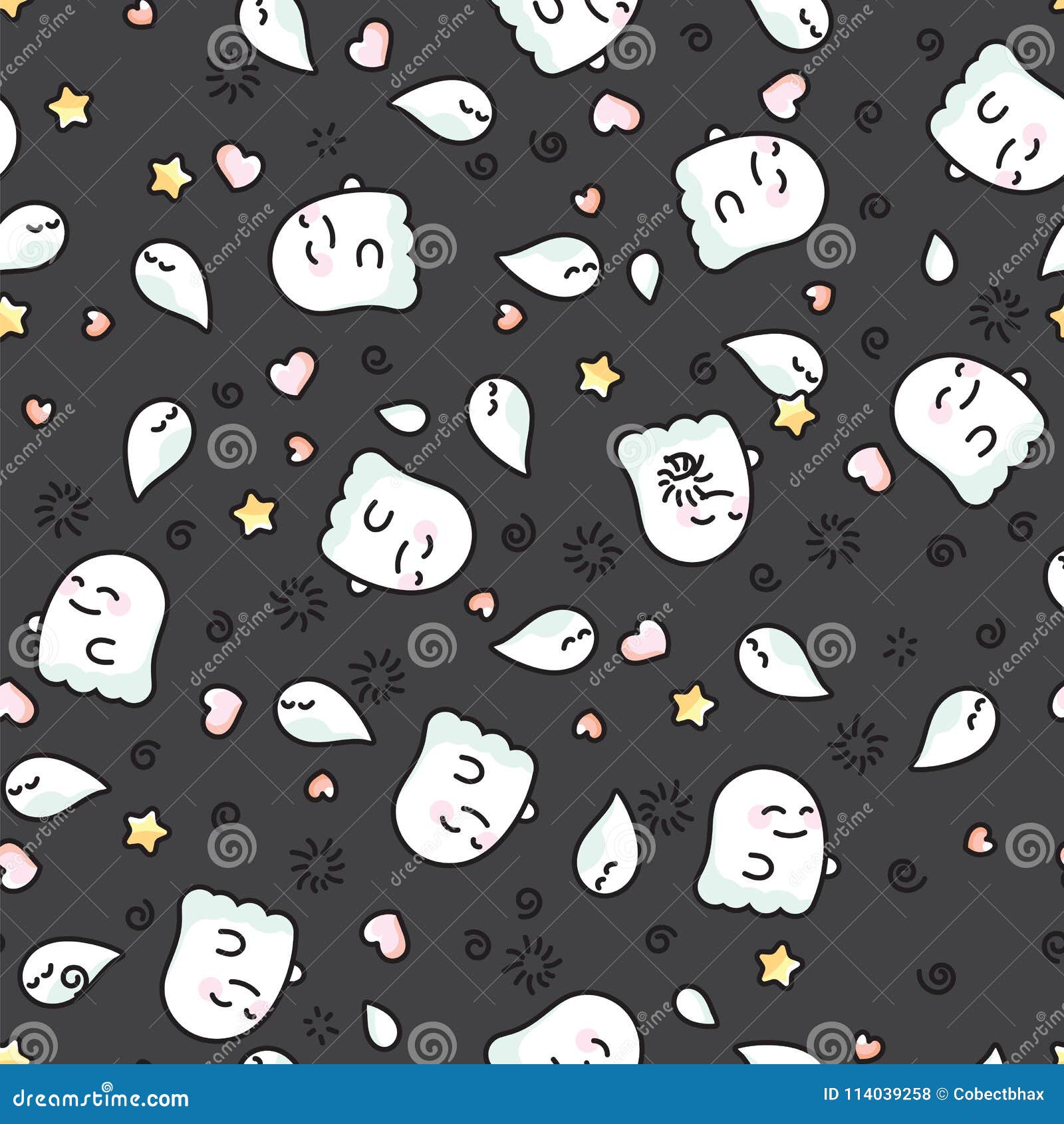 White Ghosts And Phantoms On Black Background Doodle Pattern. Funny ...