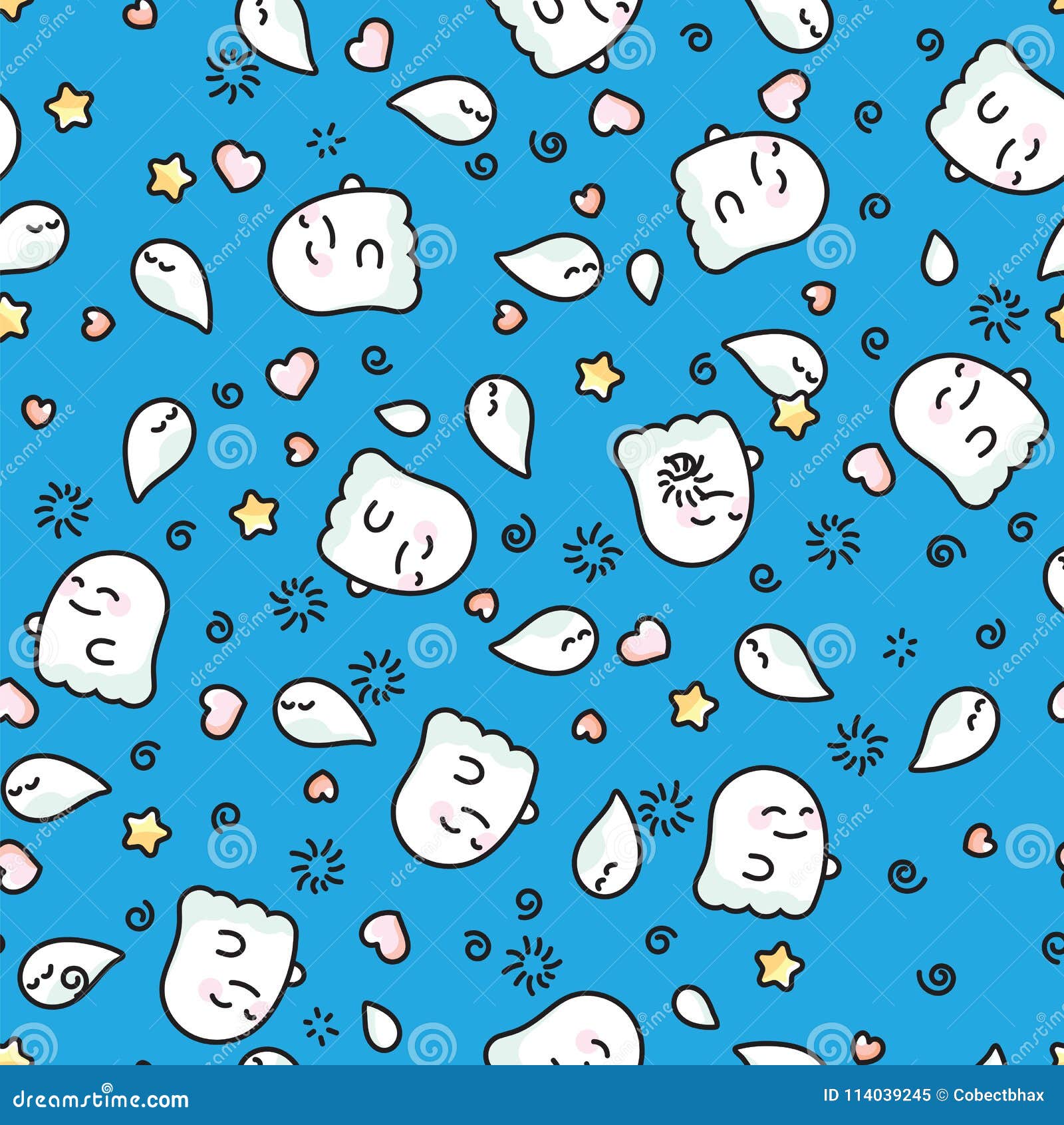 White Ghosts And Phantoms On Blue Background Doodle Pattern. Funny ...