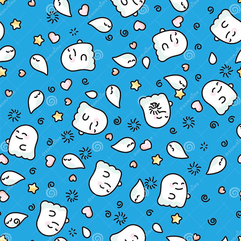 White Ghosts and Phantoms on Blue Background Doodle Pattern. Funny ...