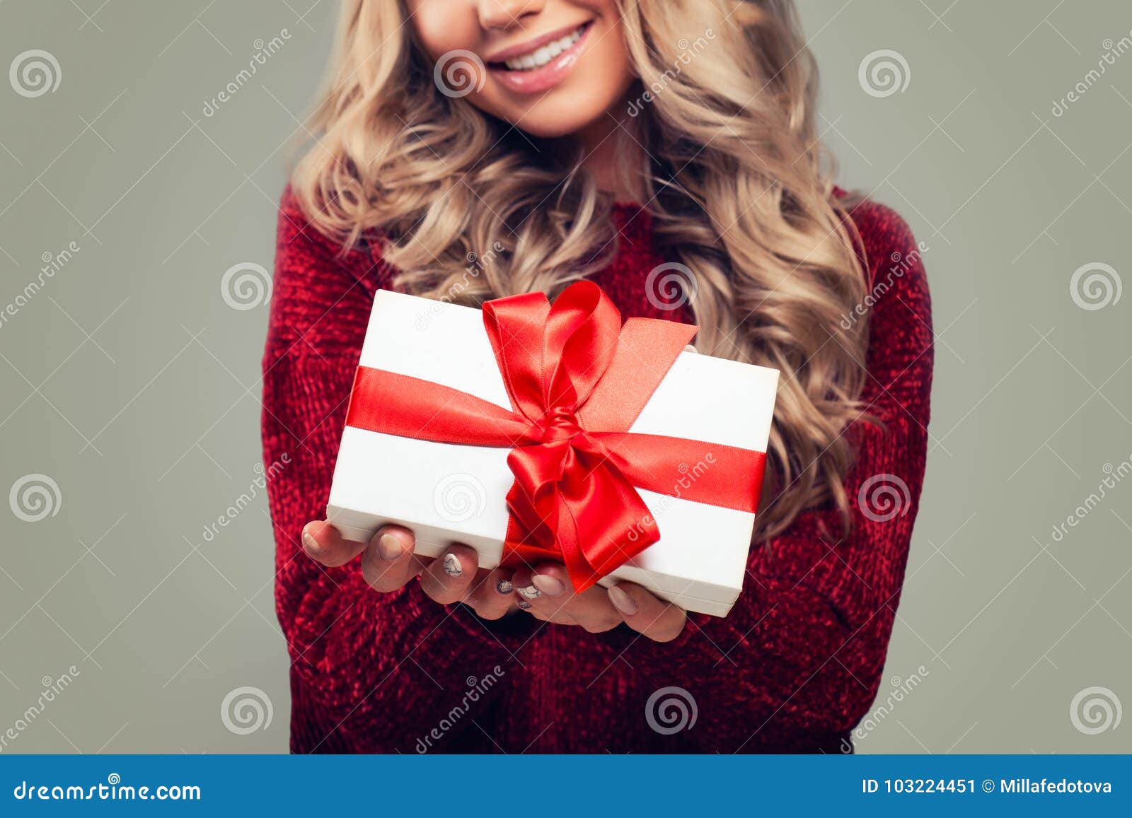 Gift Box with Red Ribbon in Female Hand Stock Image - Image of xmas ...