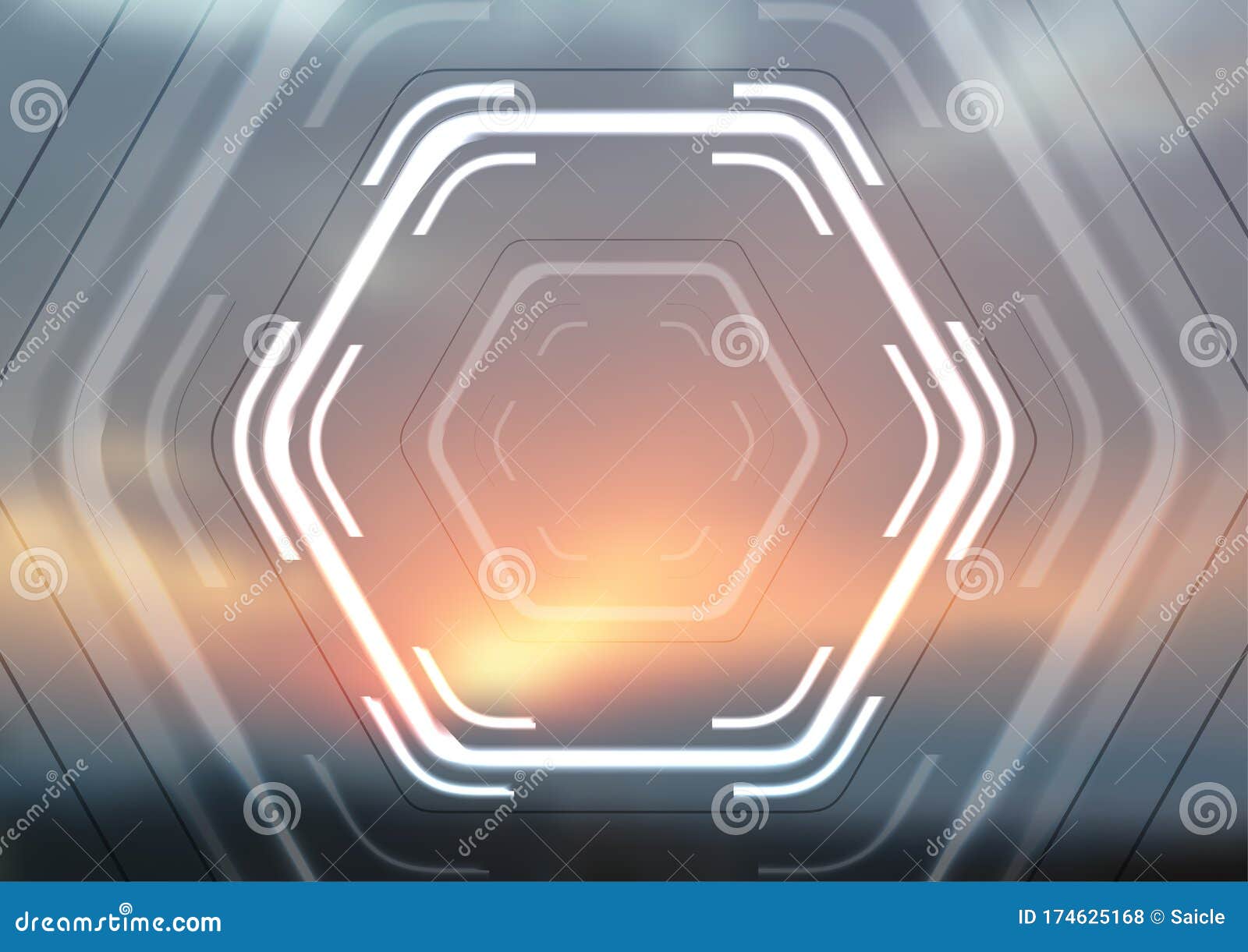 White Glowing Hi-tech Hexagons on Blurred Sunset Background Stock Vector - Illustration of ...