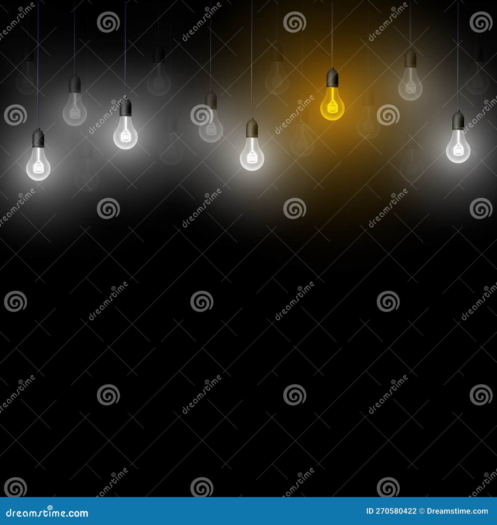 White Glowing Light Bulbs and One Yellow on the Black Background Stock ...