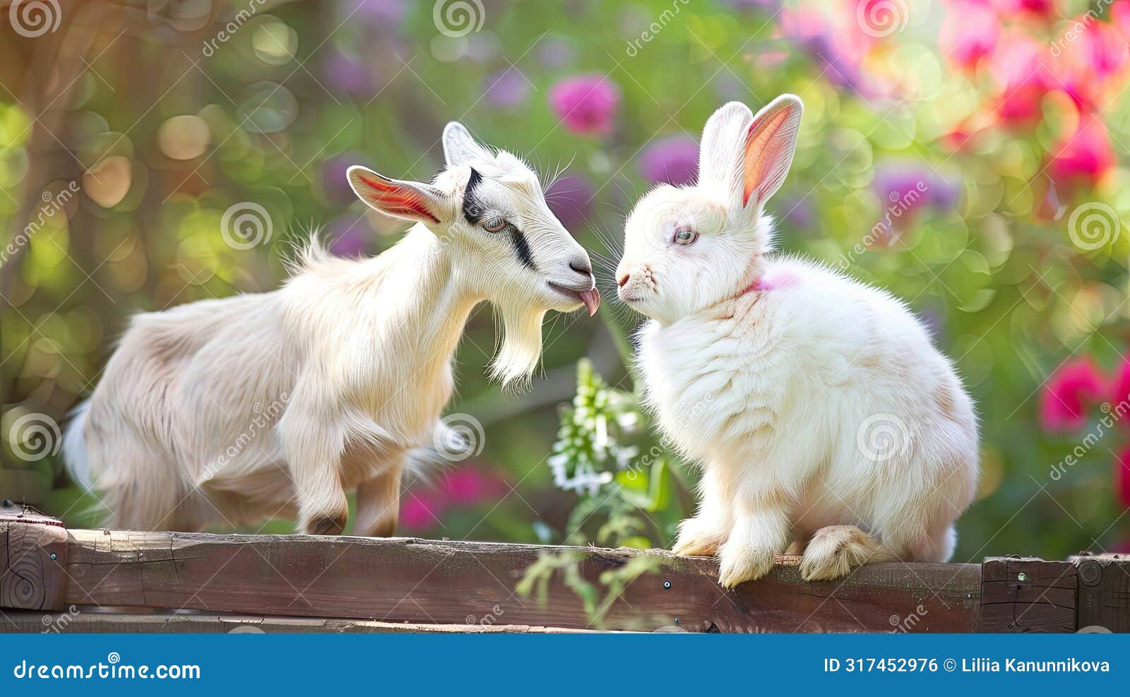 A White Goat and Rabbit Affectionately Licking Each Other S Faces while ...