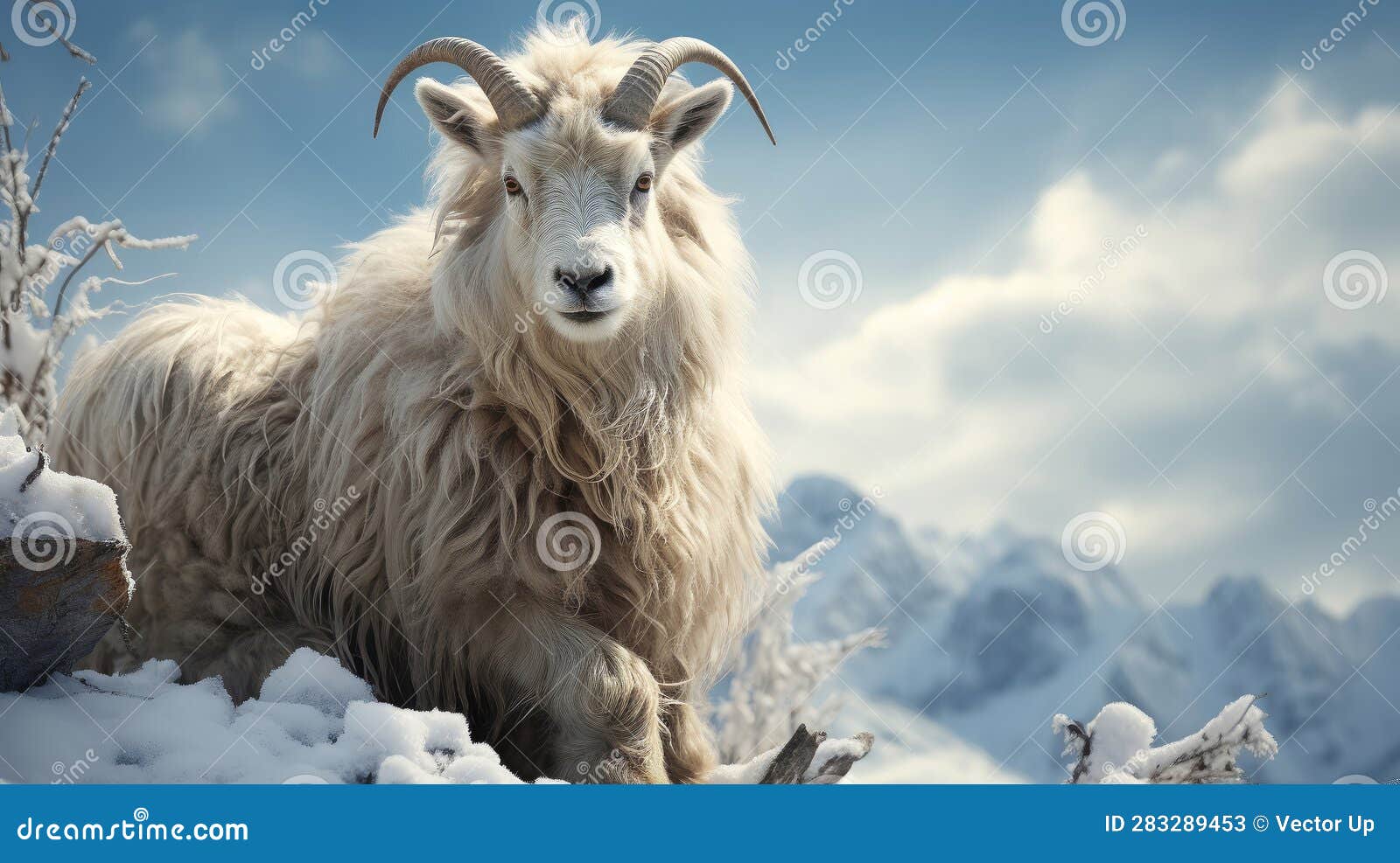 A White Goat Standing on a Rock in the Snow. Generative AI. Stock ...