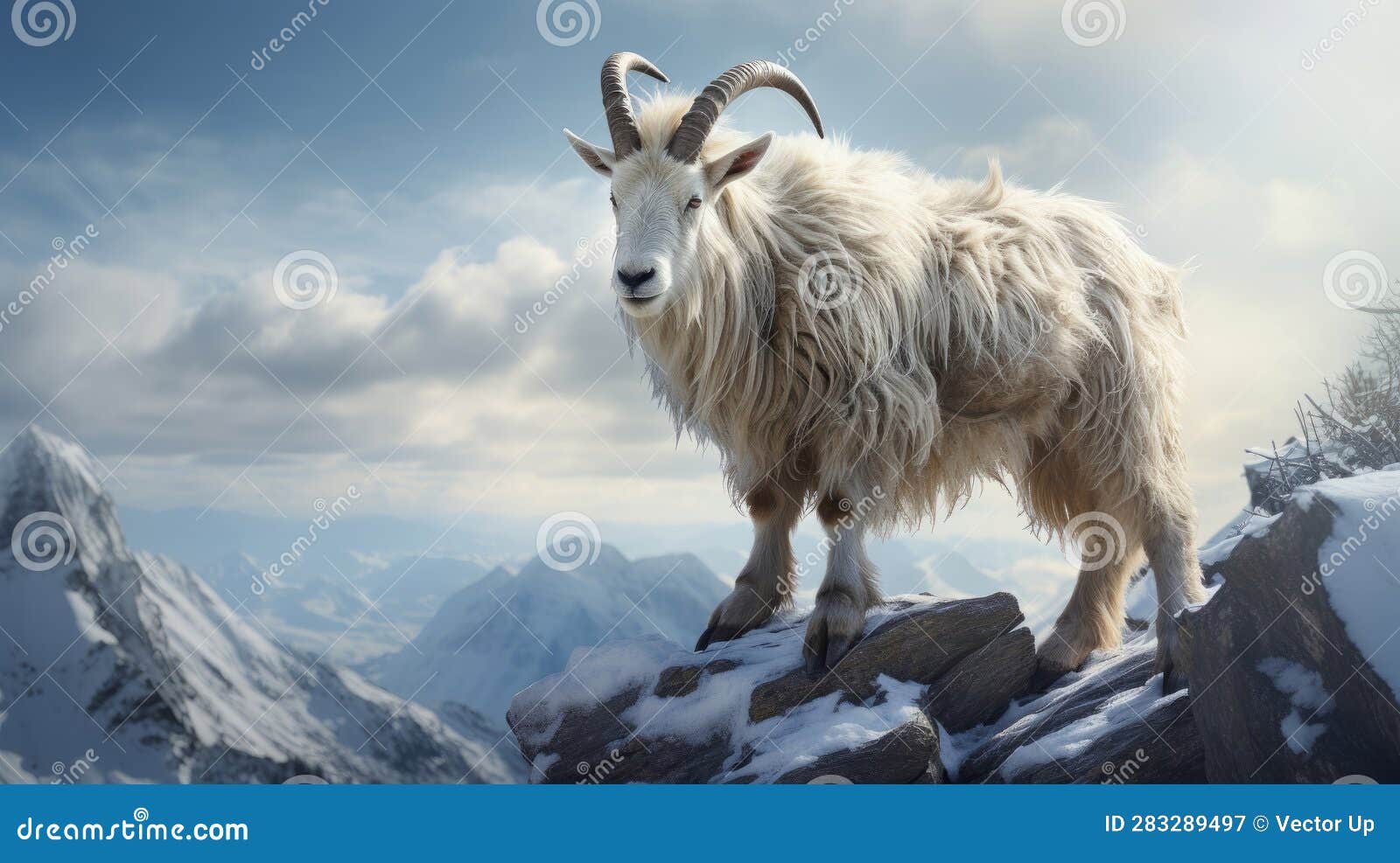 A White Goat Standing on a Rock in the Snow. Generative AI. Stock ...