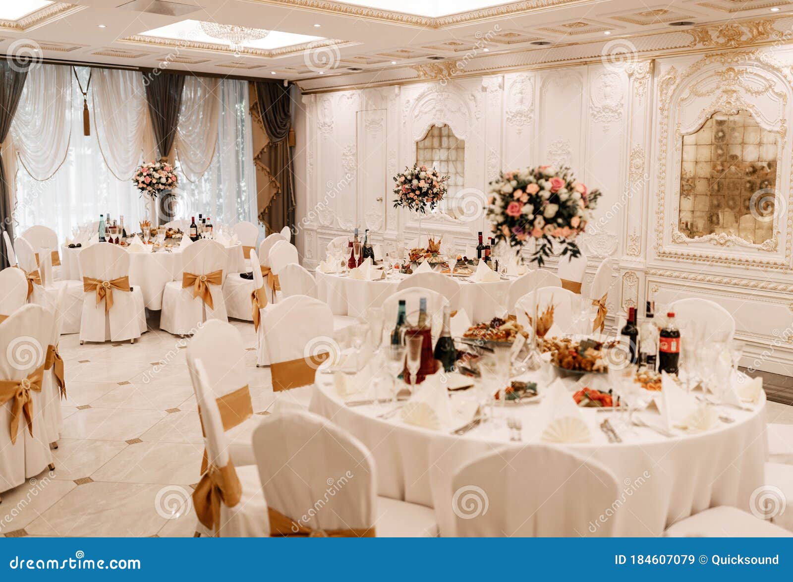White and Gold Theme Wedding Hall Stock Image - Image of restaurant ...
