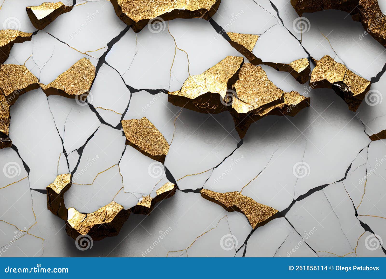 A White and Gold Wall with a Bunch of Broken Pieces of Gold Foil on it ...