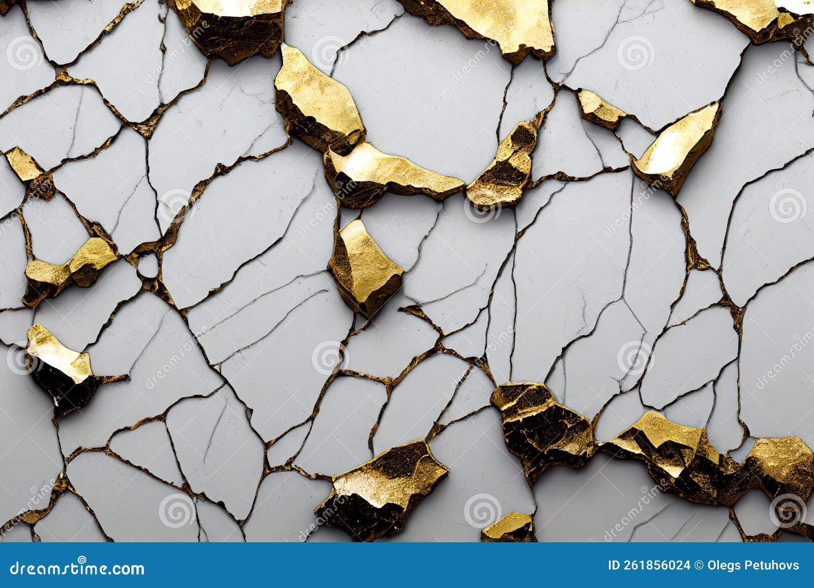 A White and Gold Wall with Cracks and Cracks on it S Sides and a Clock ...