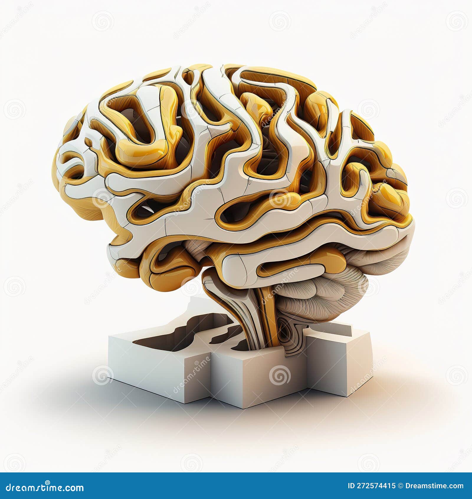 White and Golden Simple Mind Brain Model 3D Render Isolated Stock ...