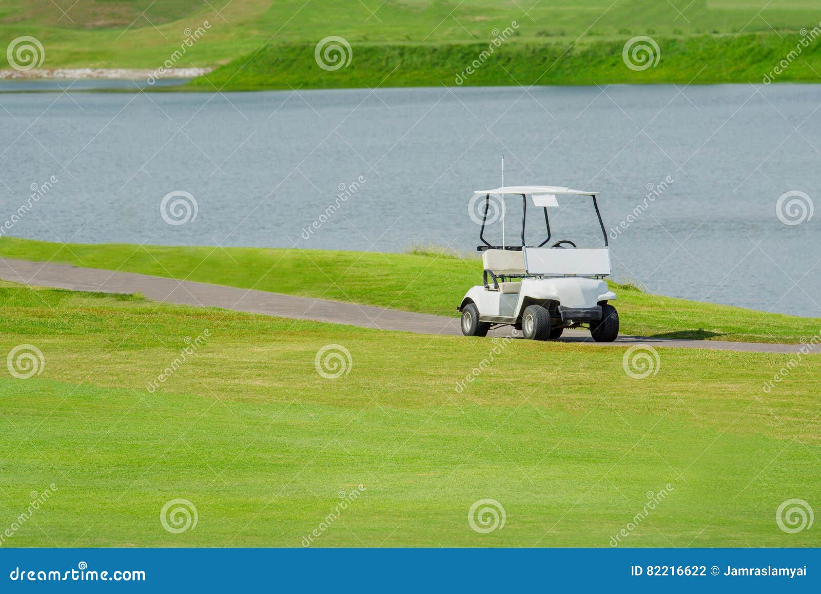 White Golf Car in the Green Golf Course. Stock Photo - Image of ...