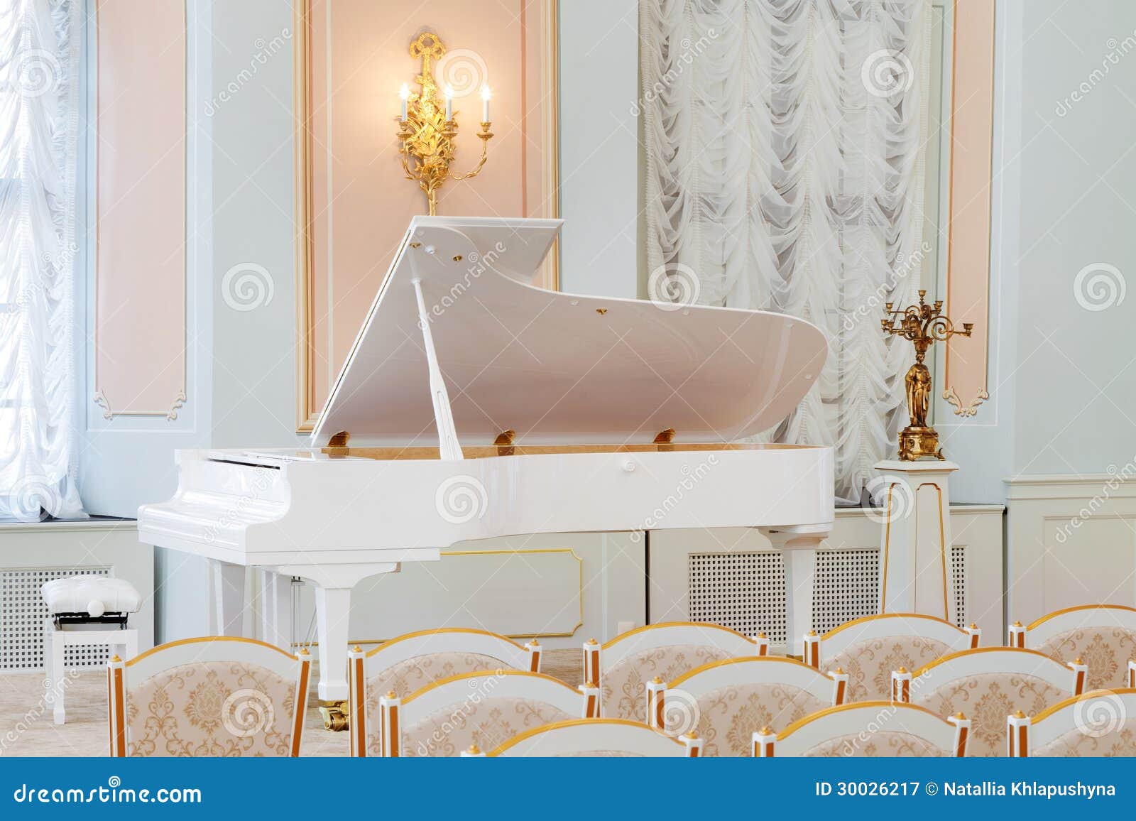 White Grand Piano on Concert Hall Stock Image - Image of modern ...