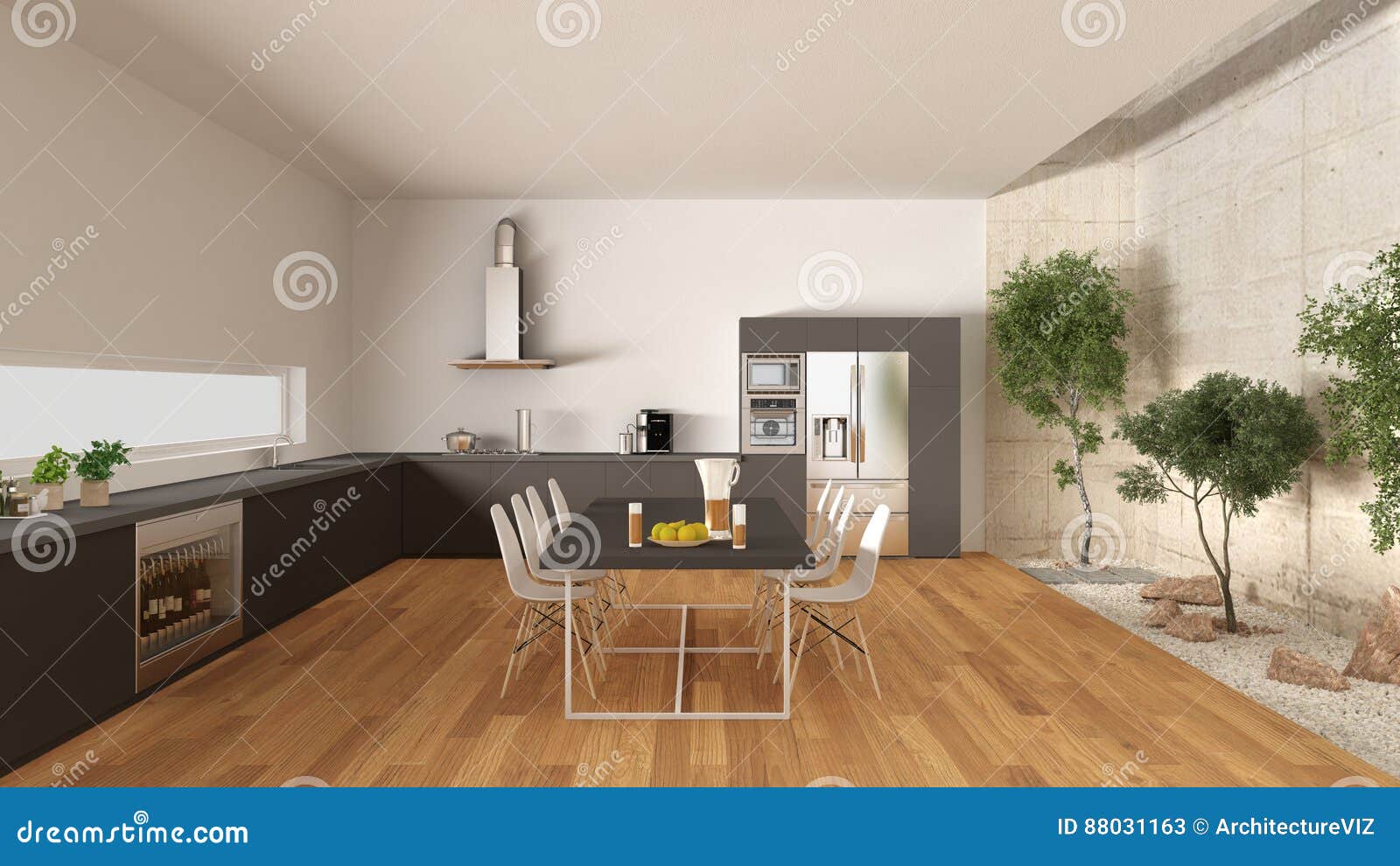 White and Gray Kitchen with Inner Garden, Minimal Interior Design Stock ...