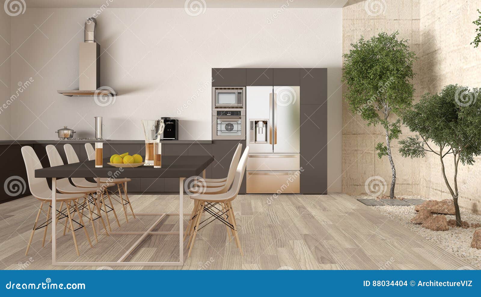 White and Gray Kitchen with Inner Garden, Minimal Interior Design Stock ...