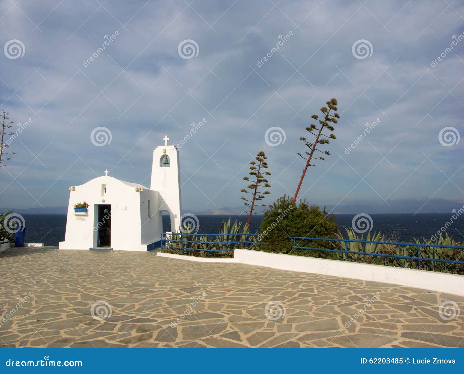 White Greek Chappel with High Agave Plant Stock Image - Image of ...