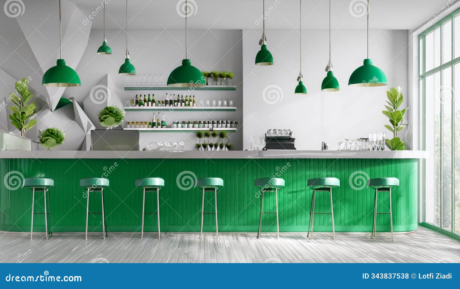 White and Green Cafe Interior with Bar Counter Stock Illustration ...