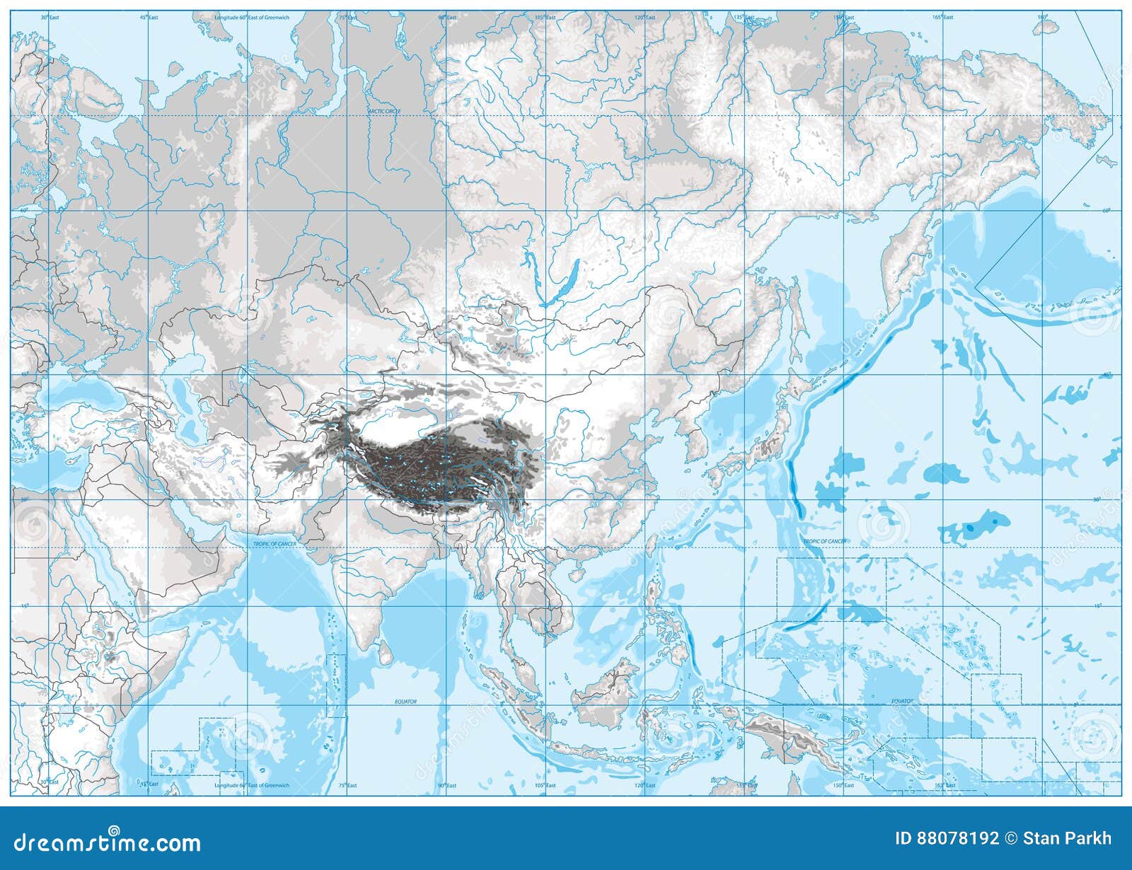 White and Grey Color Physical Map of Asia. No Text. Stock Vector ...