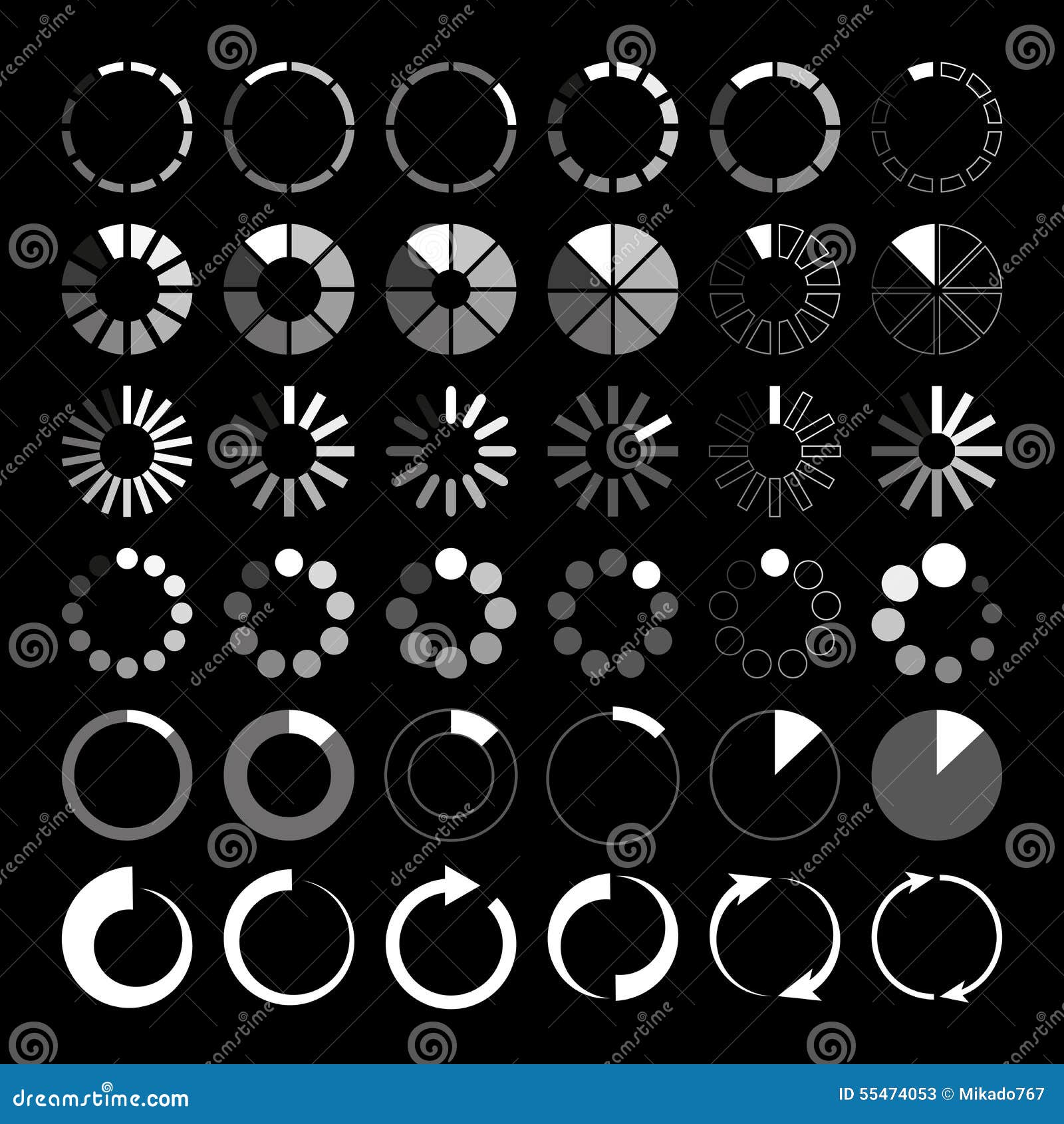 White and Grey Loading Icons on Black Background Stock Vector ...