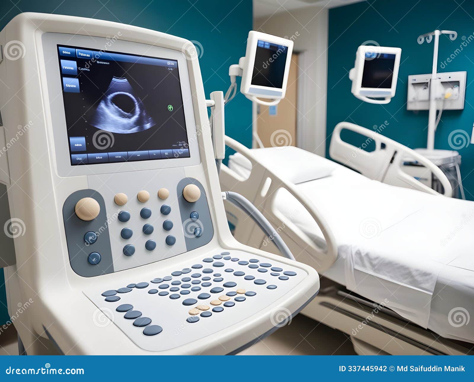 White and Grey Ultrasound Machine with Various Buttons and a Dual ...