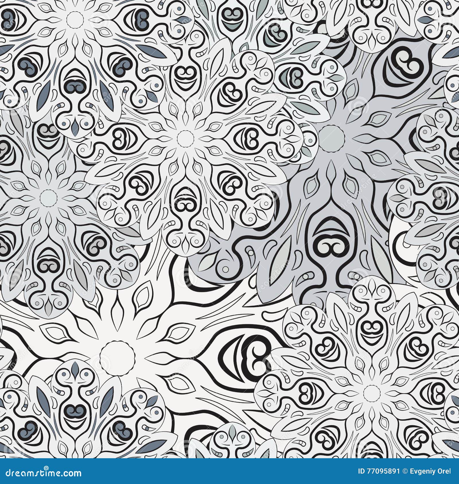 White and Grey Vector Seamless Pattern with Flowery Mandala Print Made ...