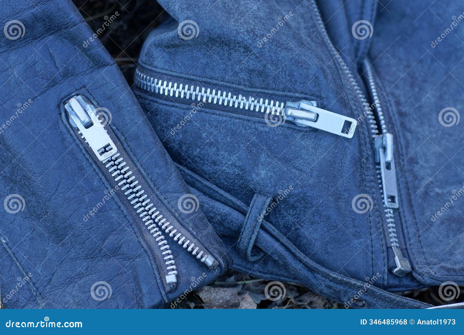 White Grey Zips on Old Black Leather Jacket Stock Photo - Image of ...