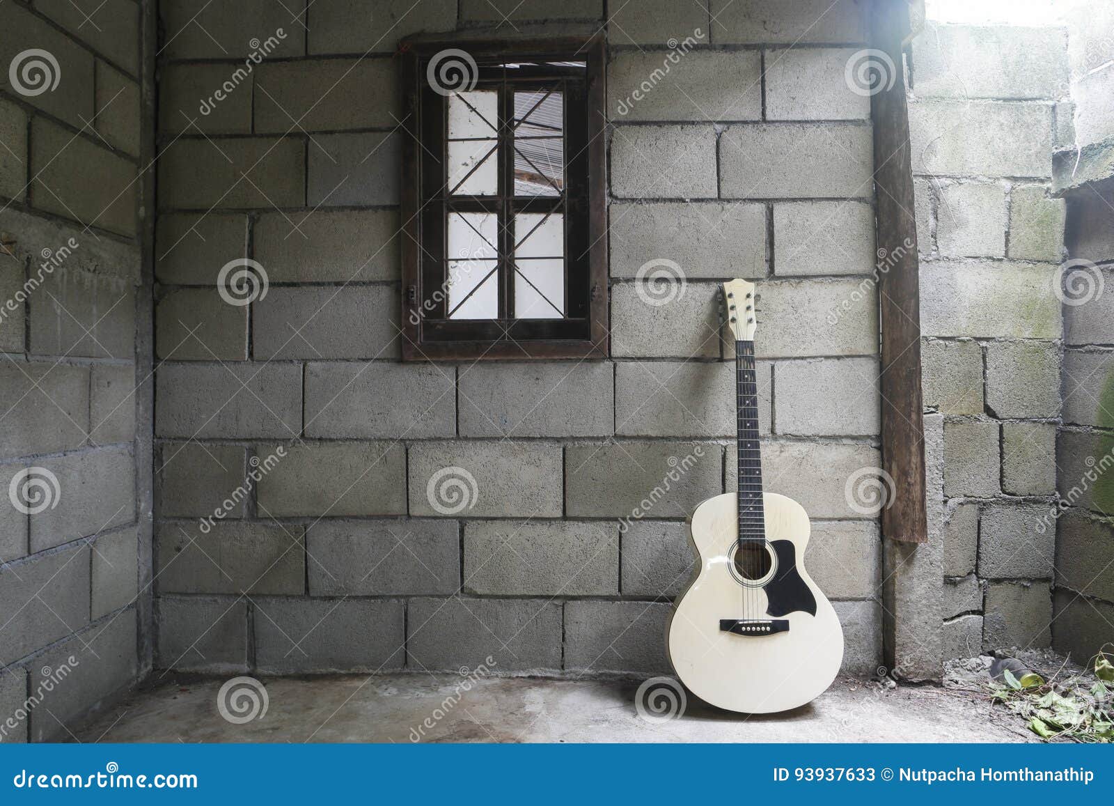 White Guitar and One Window in the Old Room. Stock Image - Image of ...
