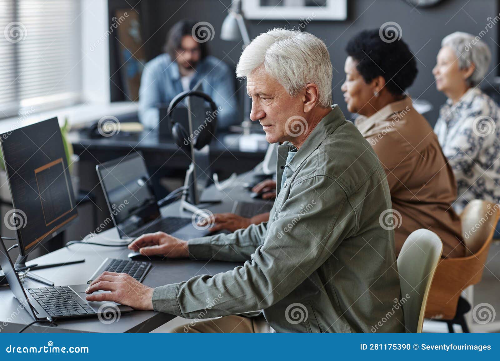 White Haired Man Using Computer in Programming Class for Seniors Stock Photo - Image of student ...